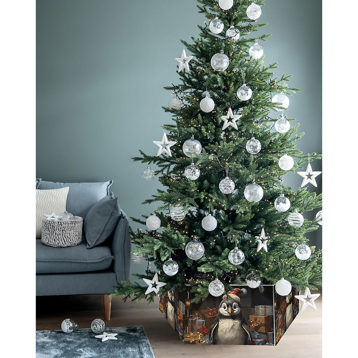 Christmas Penguin Christmas Tree Collar Tree Box Stand Cover, Artificial/Pencil/Silm/Skinny Tree Ring 6 Packs Collapsible Tree Skirt for Christmas Xmas Tree Decorations, Merry 17"x10"