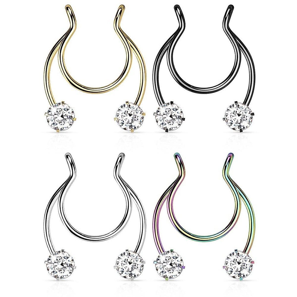 18GA Stainless Steel Prong Set CZ Crystal Horseshoe Clip On Non-Pierce Fake Septum Nipple Rings, Sold as a Pair (Gold Tone)