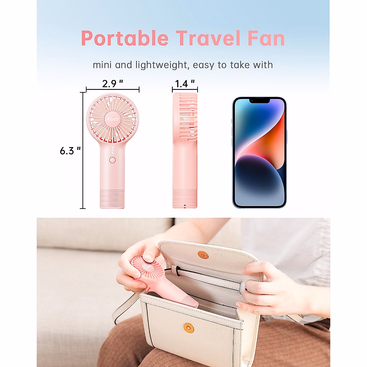 Aluan Handheld Fan Mini Fan Portable Hand Held Fan Rechargeable 4800mAh Battery Operated Fan with Power Bank Powerful 3 Speeds Small Personal Fan for Travel Makeup Kids Women Men, Pink