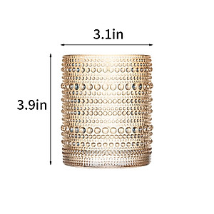 Golden Hobnail Beaded Drinking Glasses Set of 6, 12 oz Vintage Glassware Set Romantic Water Glasses Tumbler, Water Cups, Clear Embossed Glassware Set for Beer, Juice, Cocktail, Soda, Beverages Amber