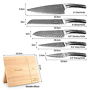 Damascus Kitchen Knife Set, NANFANG BROTHERS 6-Piece Damascus Steel VG10 Kitchen Knife Set with Wood Magnetic Knife Holder Block Professional Chef's Knife with Sharp Blades and ABS Ergonomic Handle