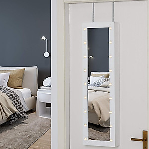 HOMCOM Jewelry Armoire with Mirror and 18 LED Lights, Wall-Mounted/Over-The-Door Cabinet with 3 Mountable Heights, White