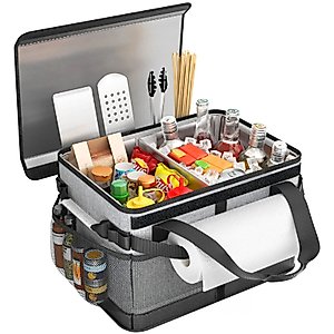 HULISEN Large Grill Caddy with Lid and Paper Towel Holder, BBQ Caddy for Outdoor Grill, Insulated Foldable Barbecue Picnic Caddy for Plates, Utensils, Camping Supplies, Travel or RV, Camper Must Haves