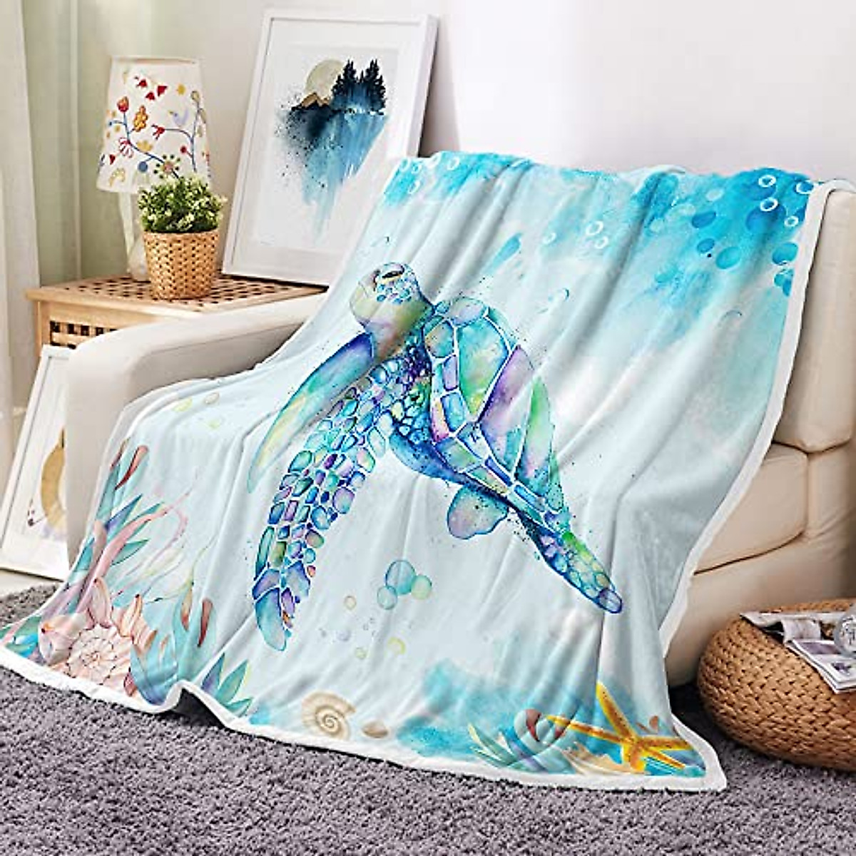 Sea Turtle Blanket Turtle Fleece Throw Blanket for Kids Girls Boys Aqua Teal Blue Super Soft Plush Beach Turtle Sherpa Blanket for Couch Sofa Bed Turtle Gifts for Women Turtle Lovers (50"x 60"inch)