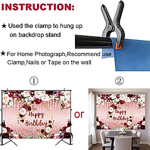 Sensfun Floral Happy Birthday Backdrop Burgundy Flowers Rose Gold Glitter Bokeh Spots Photo Background Vinyl Women Birthday Party Cake Table Decorations Photoshoot Banner (7x5ft)