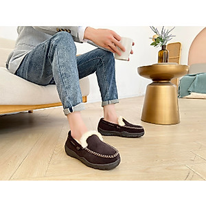 PEDOQU Men's Moccasin Slippers Genuine Suede Uppers Shearling Lining Memory Foam House Shoes, Indoor and Outdoor Warm Loafer