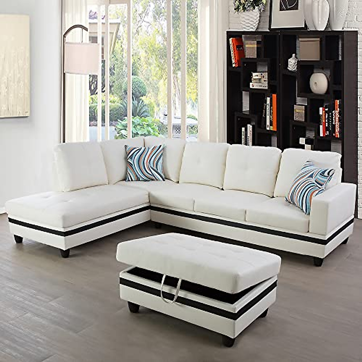 GEBADOL 103" Wide Sectional Living Room Furniture Set L-Shape Sofa Chaise and Storage Ottoman 3 Pieces Faux Leather Couch Set (White&Black/Left-Hand Facing)