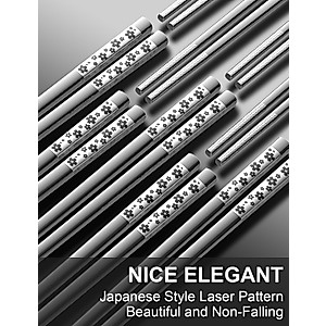 FOFAYU 5 Pairs Metal Chopsticks Reusable 18/8 stainless steel Chopsticks Japanese Style Dishwasher Safe Lightweight Non-Slip Chop Sticks 9 1/4 Inches Present Set