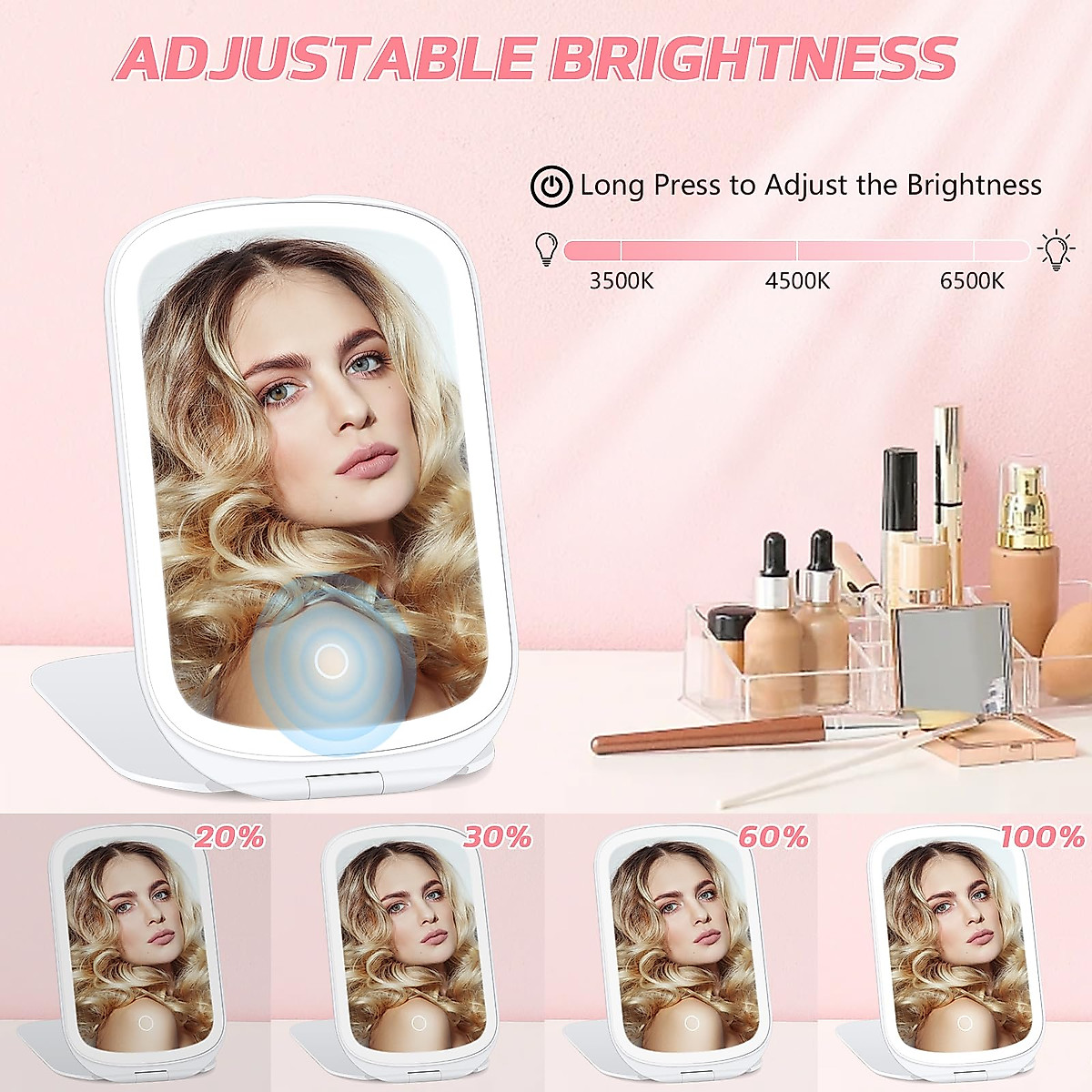 Woltechz Rechargeable Travel Makeup Mirror with Light, 10X Magnifying Mirror, 3 Color Lighting, Dimmable Touch Screen, Portable Ultra Slim Folding Lighted Makeup Mirror