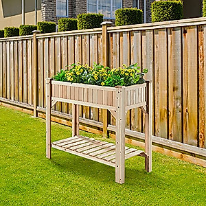 AMERLIFE Raised Garden Bed with Legs 36.3x36.3x24 Inch Herb Planter with Divider Liner Flower Herb Wood Planter with Storage Shelves for Backyard Patio Extra Gloves 3 Tools 8 Grow Area 20 T-Tag