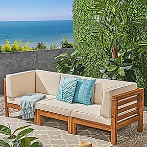 Great Deal Furniture Dawson Outdoor Sectional Sofa Set - 3-Seater - Acacia Wood - Outdoor Cushions - Teak and Beige