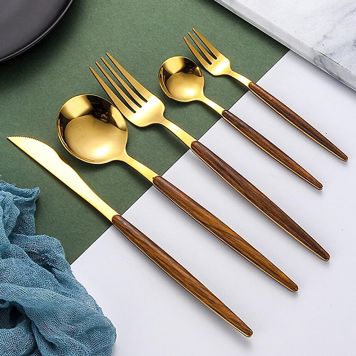 Aimilan 60 Piece Gold Silverware Set for 12, Imitation Wooden Handle Flatware Cutlery Set for Home Kitchen Restaurant, Mirror Finish, Dishwasher Safe (60-Piece for 12)