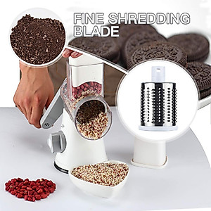 Tevokon Cheese Grater Rotary Cheese Grater 3 Multi Blade Cheese Shredder Manual Vegetable Slicer with Non-slip Suction Base Nuts Grinder Vegatable Shredder With Brush Peeler White