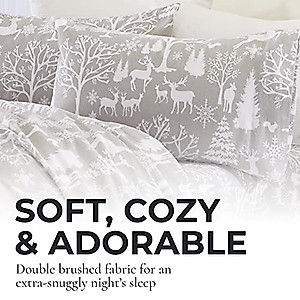 Great Bay Home Bed Linen Set, 4 Piece, Turkish Cotton Queen Winter Flannel Sheet Set, Deep Pocket Fitted Sheet, Soft Sheets, Warm Lodge Bed Sheets, Anti-Pill Flannel Sheets, Enchanted Woods-Grey