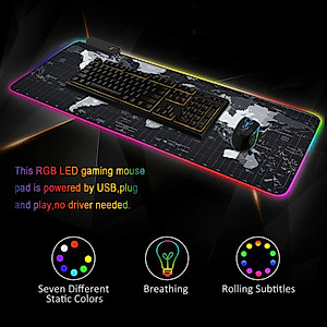 Roxooze Gaming Mouse Pad,Extra Large RGB Mouse Pad with Non-slip Rubber Base，Extended XL Led Desk Mat Ultra Smooth Surface Waterproof for Computer Laptop Home PC Gamer 35.43 x 15.75inch(World Map)