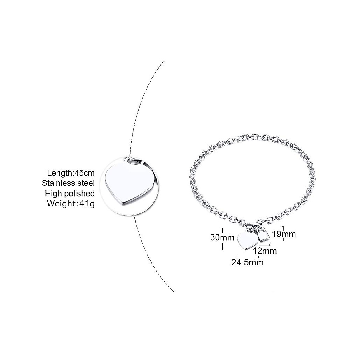 VNOX Personalized Initial Name Stainless Steel Trendy Cable Chain Bracelet Neckalce Set with Padlock Heart Charm and Toggle Clasp Closure