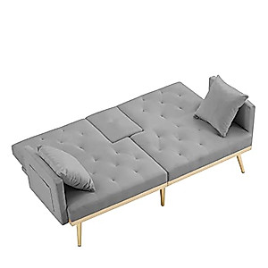 HoRunzelin Soft Velvet Sleeper Sofa Bed with Cup Holder and 2 Pillows for Living Room,Luxury Loveseat Couch Can Put Down The Back,Grey