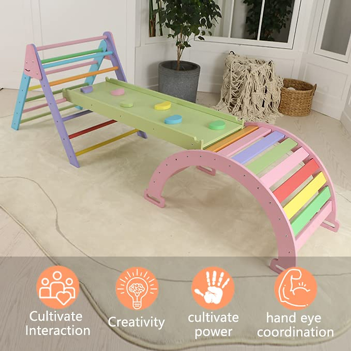 Avenlur Hazel 5-in-1 Indoor Climbing Gym - Waldorf and Montessori Climbing Set with Triangle Ladder, Climbing Ramp, Arch Climber, Rocker, and Slide - Montessori Toys for Children 18mo to 7yr (Rainbow)