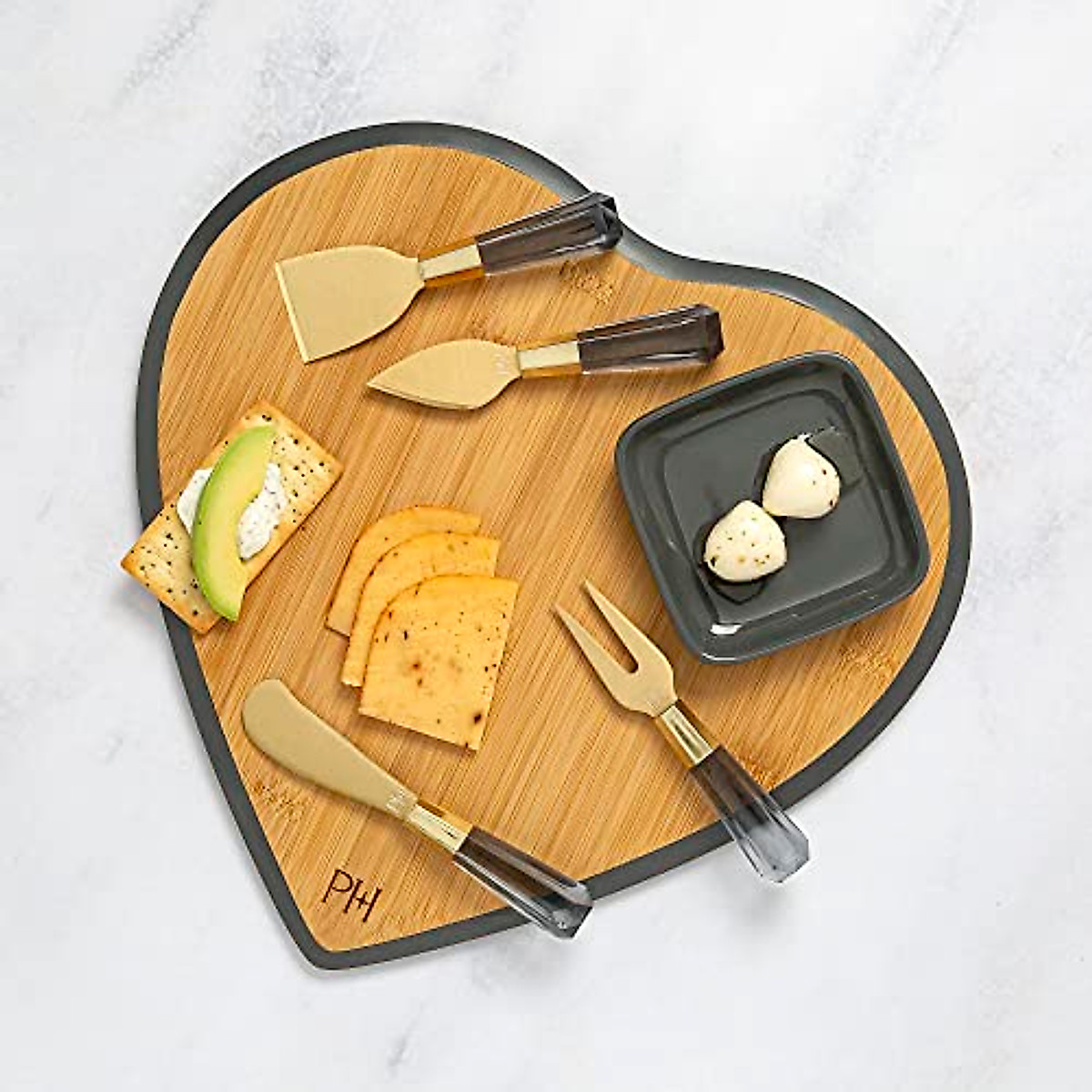 Paris Hilton Charcuterie Board and Serving Set, Bamboo Serving Board, Ceramic Dish, Cheese Utensils with Titanium Coated Blades, 6-Piece Set, Charcoal Gray
