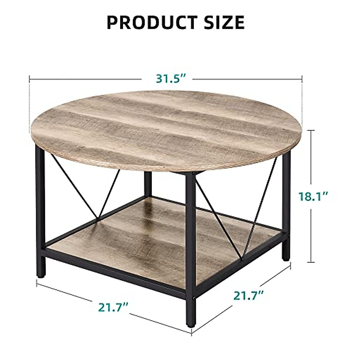 YITAHOME Round Coffee Table,Wood Coffee Table for Living Room,2-Tier Rustic Farmhouse Circle Coffee Table with Sturdy Metal Legs Storage Shelf,Grey Wash