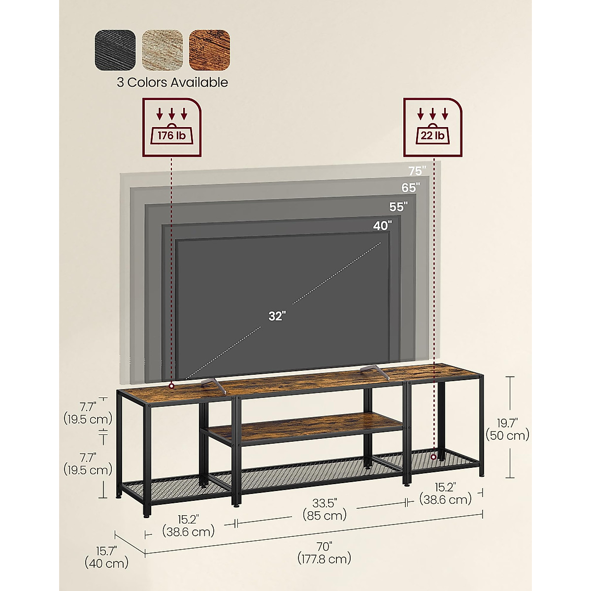 VASAGLE Modern TV Stand for TVs up to 75 Inches, 3-Tier Entertainment Center, Industrial TV Console Table with Open Storage Shelves, for Living Room, Bedroom, Rustic Brown and Black ULTV098B01