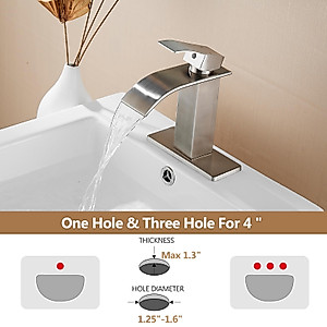 Fransiton Brushed Nickel Waterfall Bathroom Faucet Lavatory Single Handle 1 or 3 Hole Bathroom Sink Faucet Washbasin Faucet with Deck and Pop-up Drain