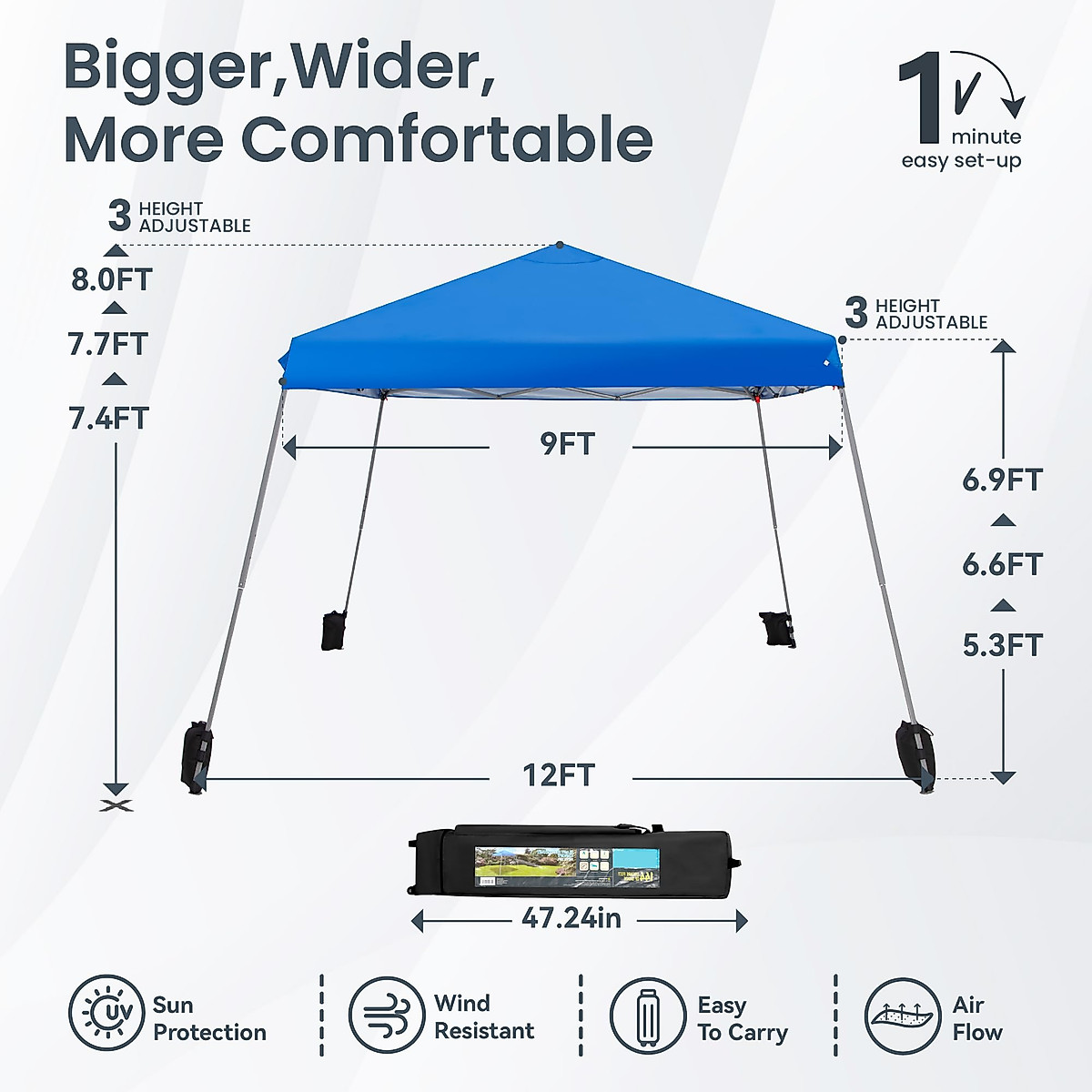 PHI VILLA Instant Shelter Canopy,Angled Leg 12' x 12' UV Block Sun Shade Canopy Gazebo for Patio Outdoor, Lightweight, Blue