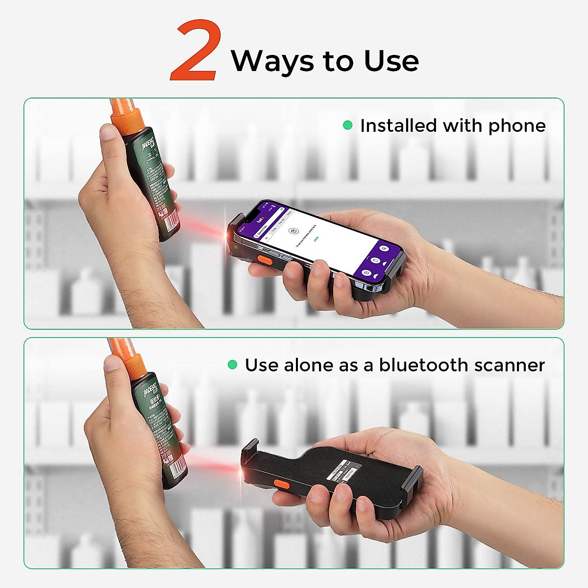 MUNBYN Bluetooth Barcode Scanner-QR 1D/2D Back Clip Phone Barcode Reader Scanner with 3000mAh Rechargeable Battery-1Pcs Wireless Pocket POS Scanner for Smartphone iOS Android