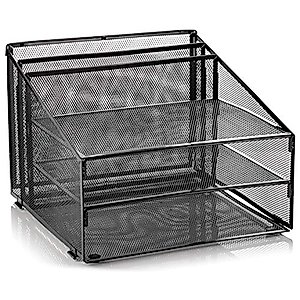 Metal Office Desk Organizer 3-Tier, Mesh Desktop Document and A4 File Holder with 3 Flat Trays and 2 Upright Compartments, Steel Mail Organizer for Desk Top Accessories, Stationery, Paper, Black