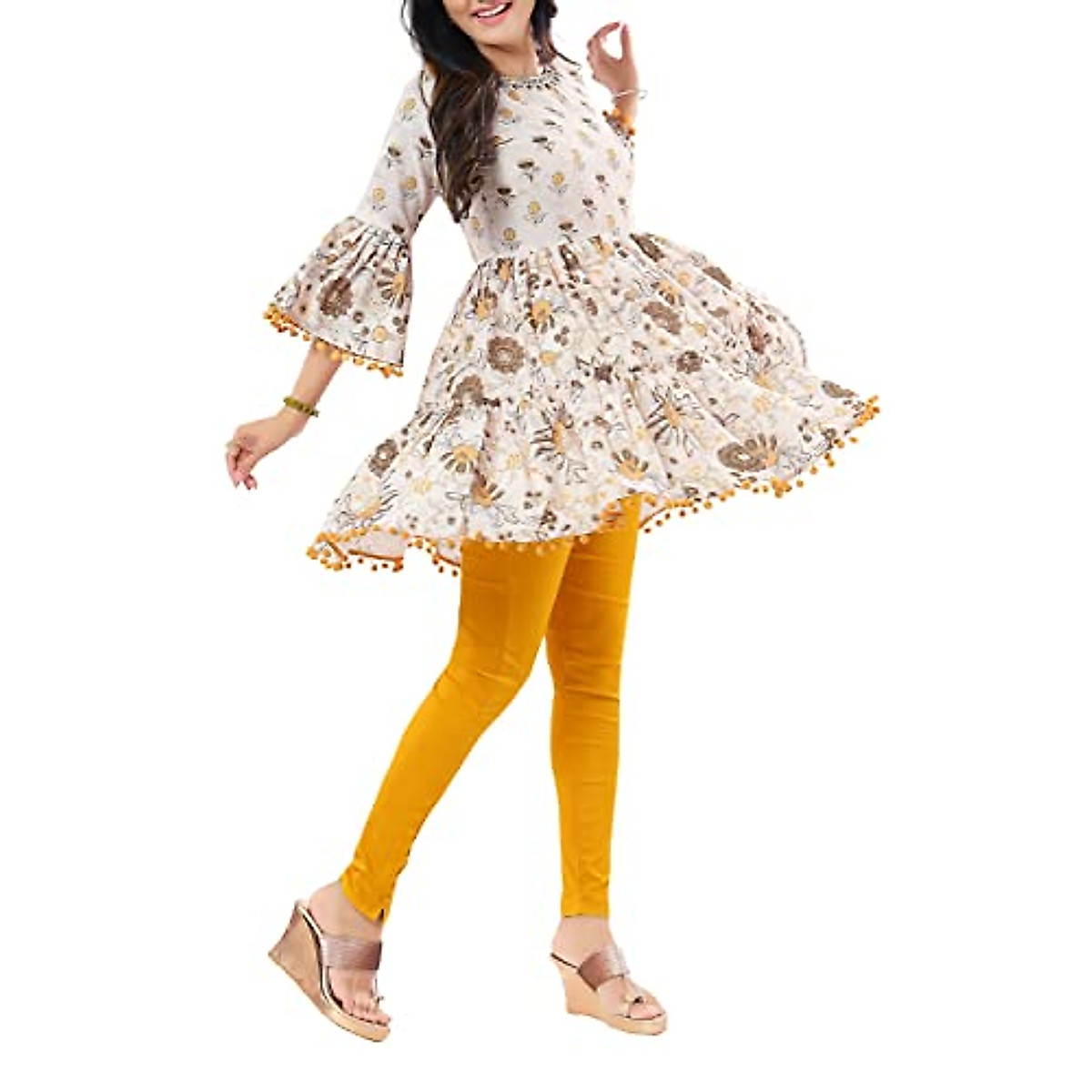 IshDeena Indian Anarkali Kurtis for Women - Kurta, Boho, Tunic Tops - Frock and Peplum Style Rayon Printed M to Plus Size (Cream - b23id5/Medium)