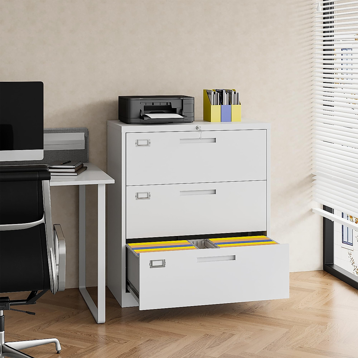 Lateral File Cabinet with Lock, 3 Drawer Lateral Filing Cabinet, Metal Lateral File Cabinet for Home and Office, Metal Storage File Cabinet for Hanging Files Letter/Legal/F4/A4 Size