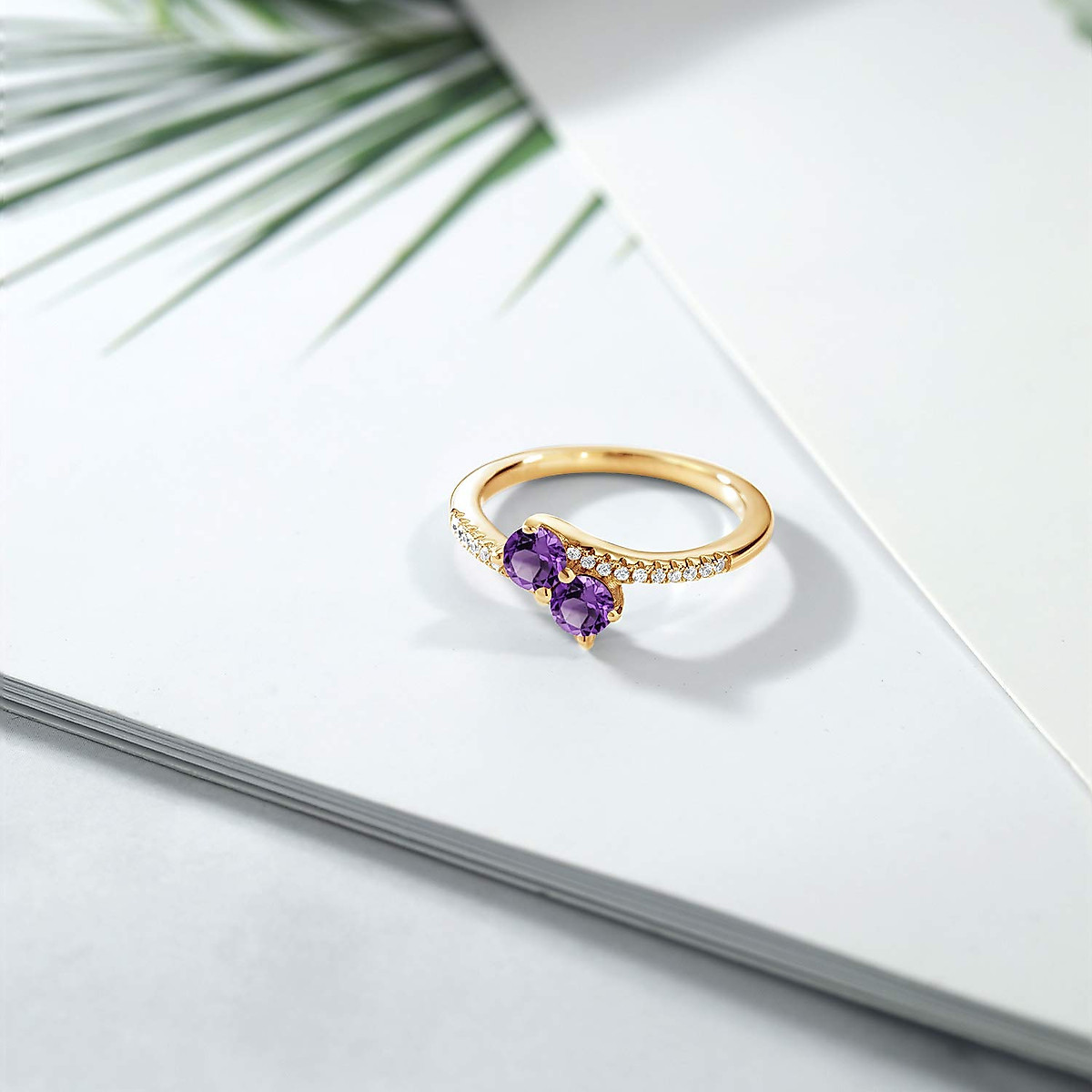 Gem Stone King 18K Yellow Gold Plated Silver Purple Amethyst Bypass Ring For Women (0.74 Cttw, Gemstone February Birthstone, Round 4MM, Available In Size 5, 6, 7, 8, 9)