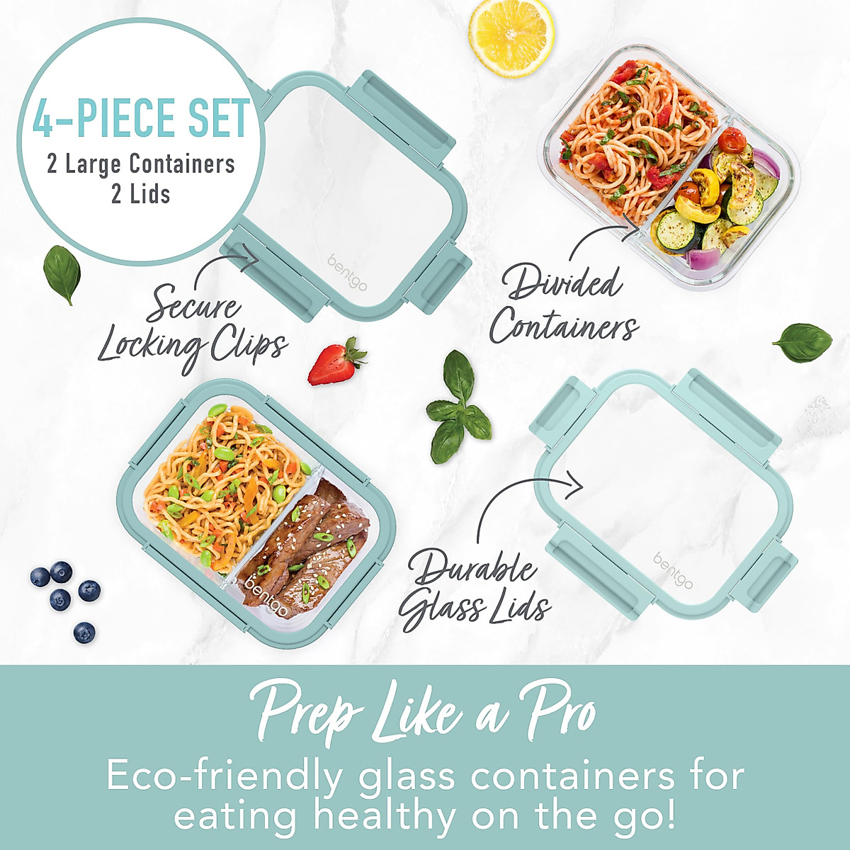 Bentgo Glass Leak-Proof Meal Prep Set - 4-Piece Lunch & Dinner 2-Compartment Glass Food Containers with Glass Lids - Reusable, BPA-Free, Microwave, Freezer, Oven & Dishwasher Safe (Seafoam/Seaglass)