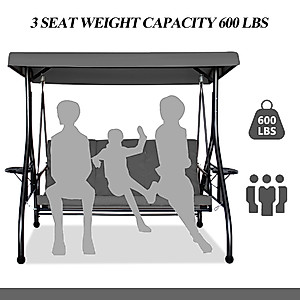 GARTOO 3-Seat Outdoor Large Porch Swing with Converting Canopy, Patio Hammock Lounge Swing Chair for Porch, Backyard, Poolside, Adjustable Shade & Removable Cushions(Gray)