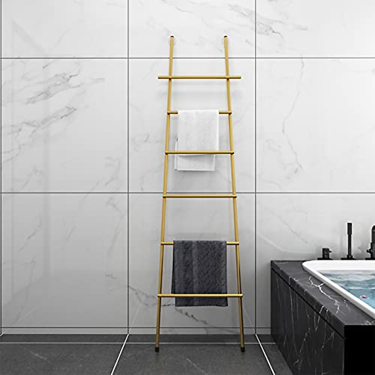 6-Tier Wall-Leaning Ladder Towel Racks with Suction Cup,Quilts Rack Towel Drying and Display Rack,Metal Blanket Rack Multipurpose Organizer Rack for Bathroom Laundry Room,Gold