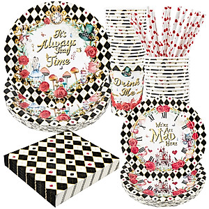 Alice Party Supplies Decorations, Tea Party Theme Birthday Baby Shower Paper Plates and Napkins Set with Cups and Straws for 24 Guests, 120 Pcs Disposable Party Dessert Dinnerwares