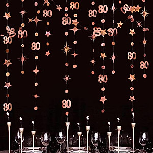 Rose Gold 80th Birthday Decorations Number 80 Circle Dot Twinkle Star Garland Metallic Hanging Streamer Bunting Banner Backdrop for 80 and Fabulous Cheers to 80 Years Old Birthday Party Supplies