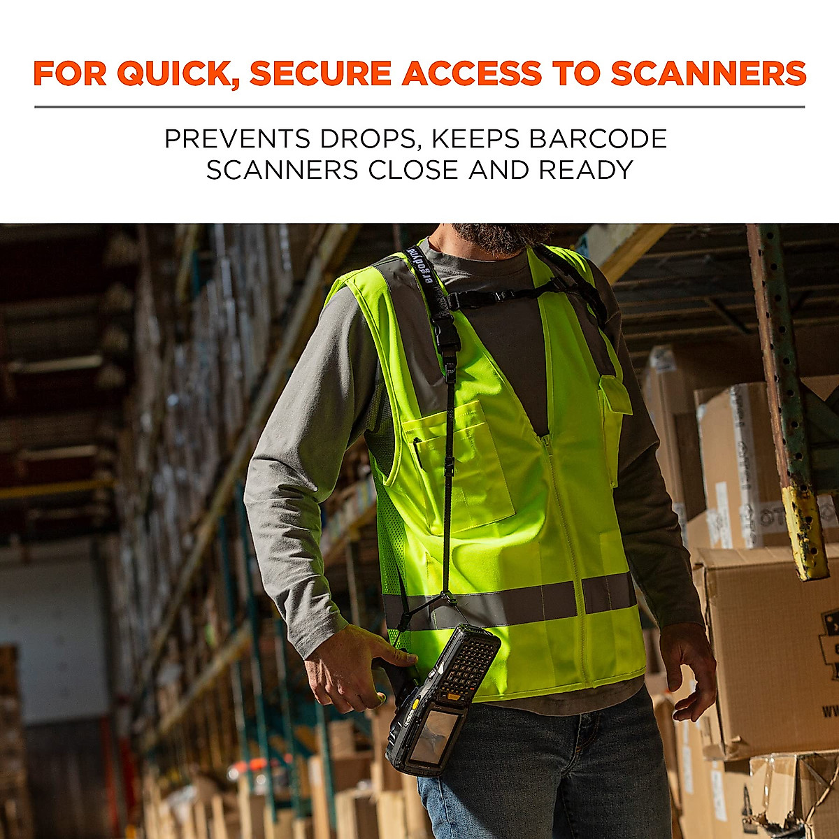 Ergodyne Squids 3132 Barcode Scanner Harness, Tethering Lanyard for Bar Code Scanners and Mobile Computers, Enhanced Visibility