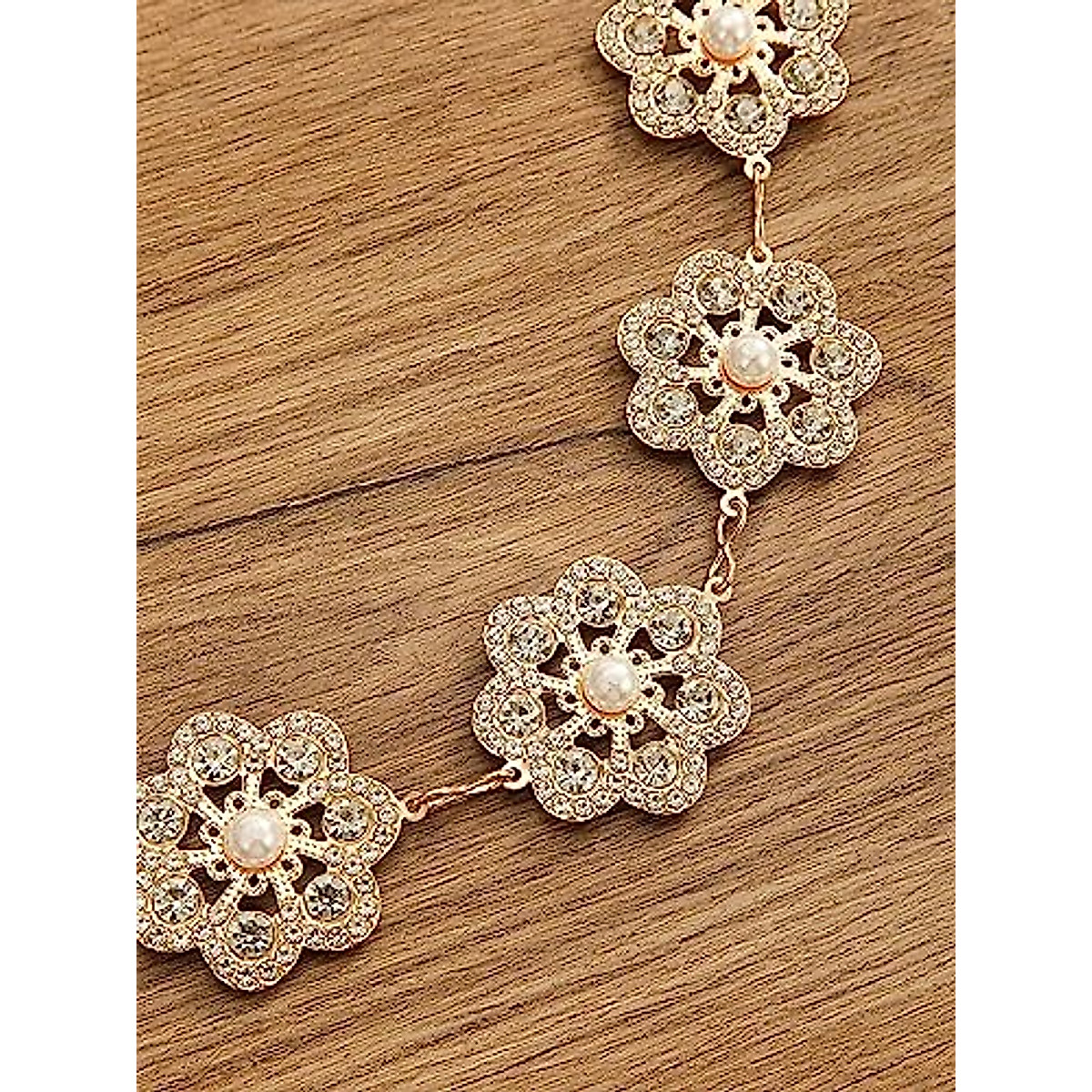 Verdusa Women's Rhinestone Pearls Metal Waist Belts Body Chain Belt Gold 70/80