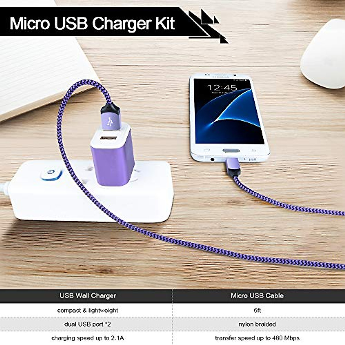 USB Charging Block, Charger Plug+6ft Micro USB Cable Android Fast Charger Compatible with Samsung Galaxy S7 S6 Edge J8 J6 J5 J4 J3 J2 J7 V/Sky Pro/Crown/Star/Refine, LG Stylus 3/Stylo 3 2, Kindle fire