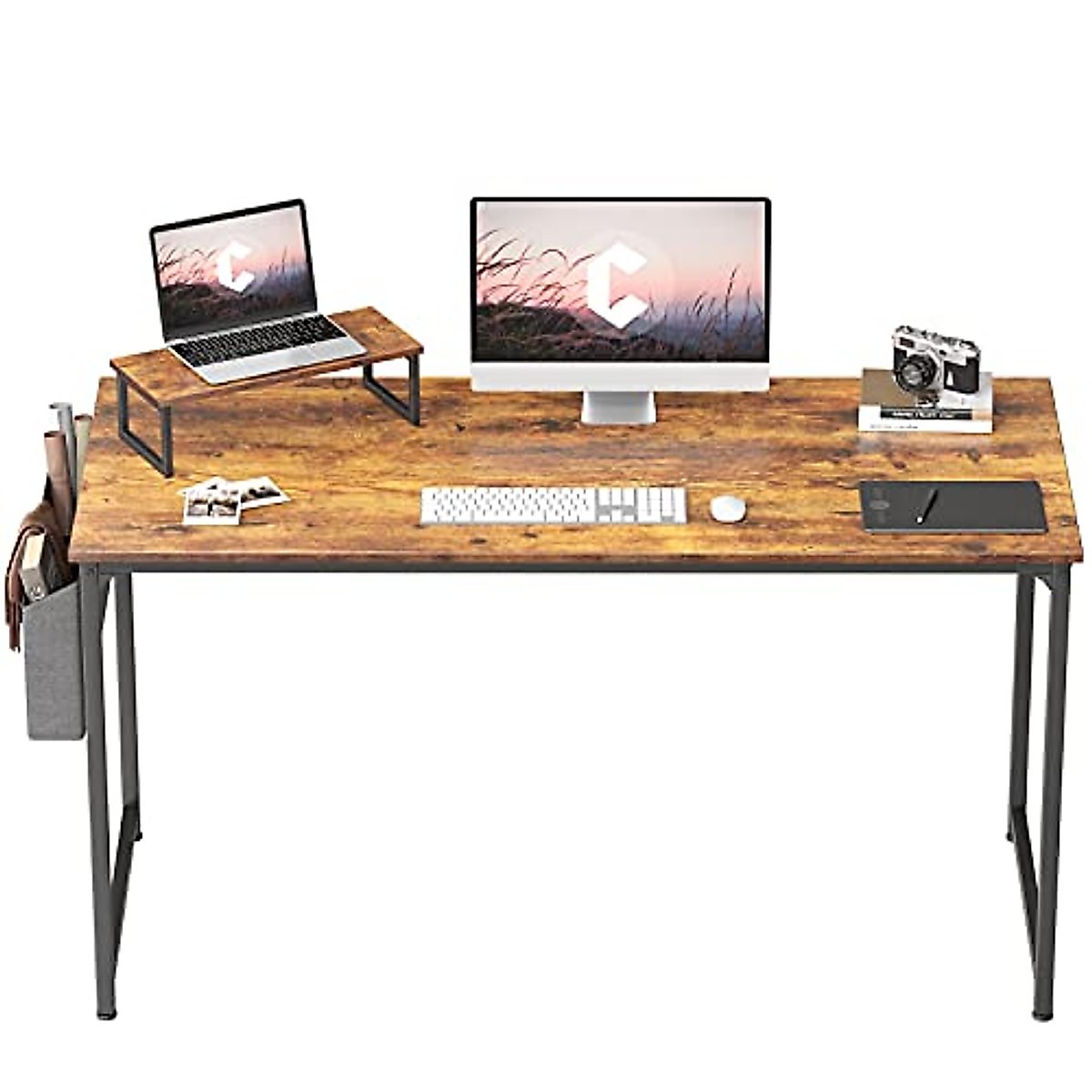 Cubiker 55 Inch Computer Writing Desk for Home Office, Study Work Table with Small Monitor Stand and Storage Bag, Easy to Assemble