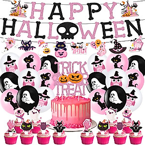 DPKOW Pink Halloween Party Decorations with Happy Halloween Banners, Cupcake Toppers and Balloons Pink and Black Halloween Decorations for Girls Kids Baby Shower Boo Day Birthday Party Supplies, 36Pcs