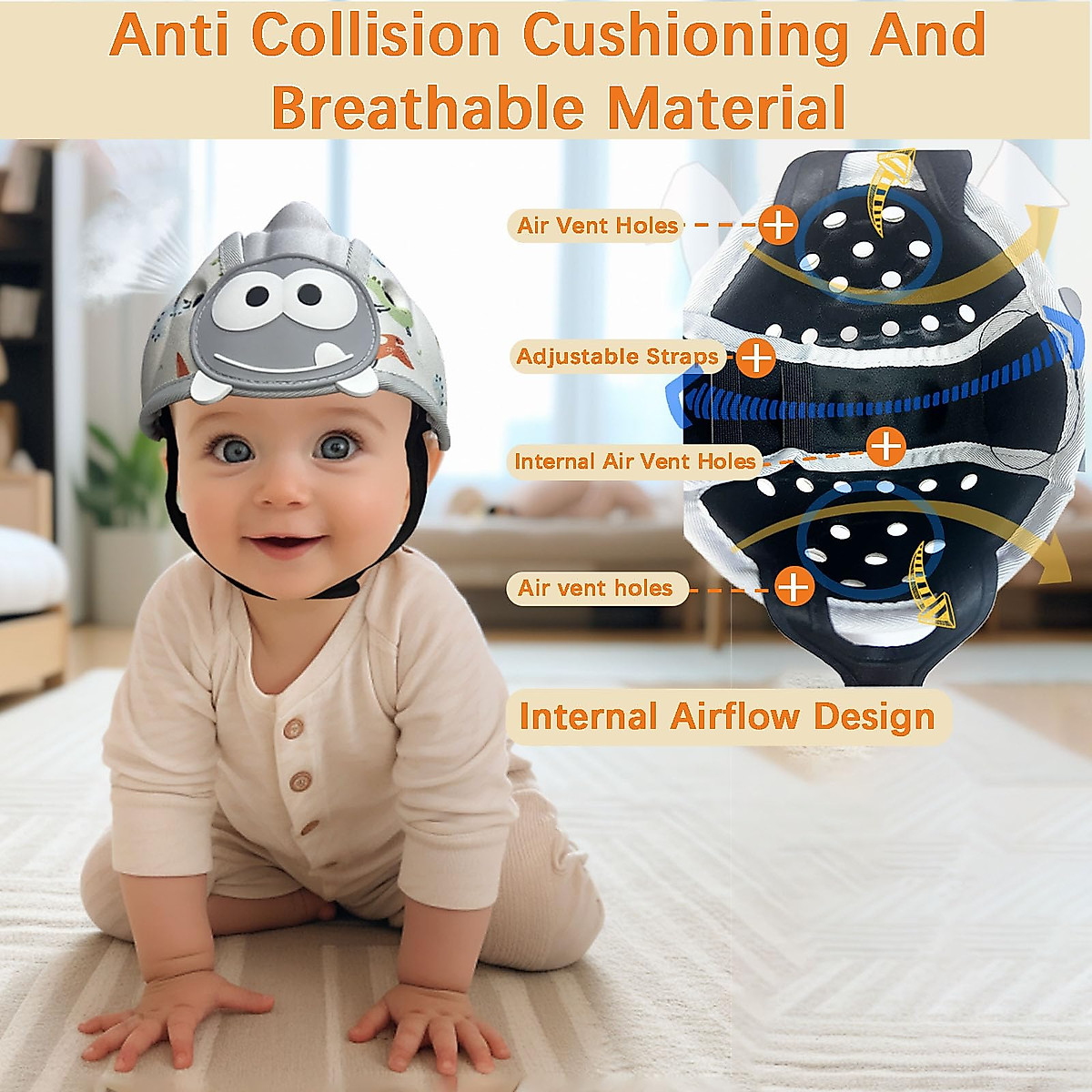 Domayllay Baby Helmet for Crawing Walking,Soft Infant Safety Helmet,Baby Helmet 1-2 Years for Anti-Fall Head Protector,Adjustable, Expandable and Breathable Toddler Walking Helmet,Grey/Purple Pink