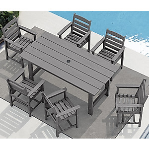 SERWALL Outdoor HDPE Dining Table Set, 7-Piece Outdoor Dining Table Sets with Umbrella Hole Cut-Out Table and 6 Chairs, Gray