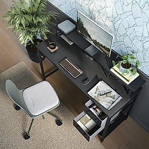 CubiCubi Computer Desk with Drawers, 47 Inch Reversible Office Desk with Monitor Stand and Storage Shelves, Work Writing Study Desk Table for Home, Black