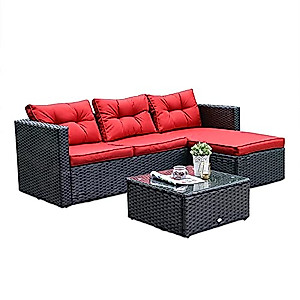 PHI VILLA Patio Sectional Clearance Manual Weaving Wicker Small L-Shaped Outdoor Furniture Sofa Set with Upgrade Rattan (3 Piece,Red)