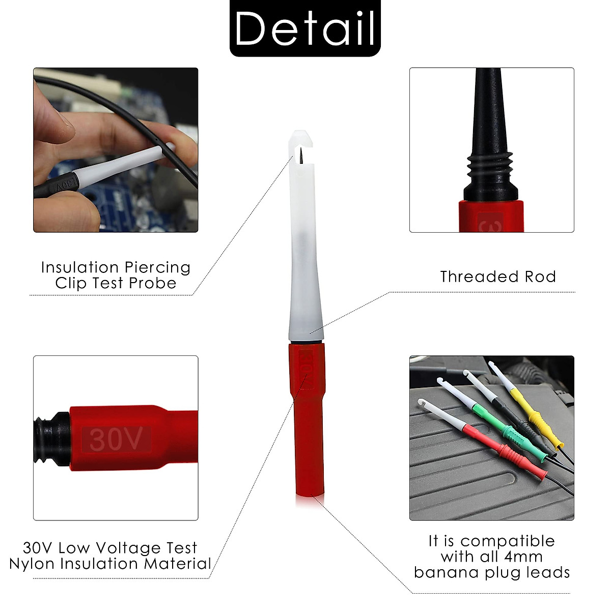 BOCEUC Piercing Clip Test Probe, 0.7mm Test Probe Pins, Non-Destructive Insulation Wire Piercing Needle, Piercing Probes Set for Banana Socket Plug Car Tester (4 Pcs)