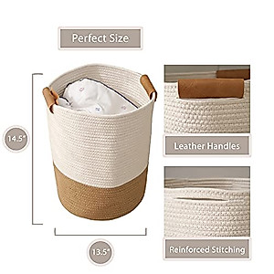 OHROS 1 Piece Woven Baskets For Storage Rope Laundry Basket For Organizing Hamper Boho Cotton Laundry Basket For Bathroom Towel Blanket Closet Clothes Storage Toy Bin Round Tall Basket 13.5 X 14.5"