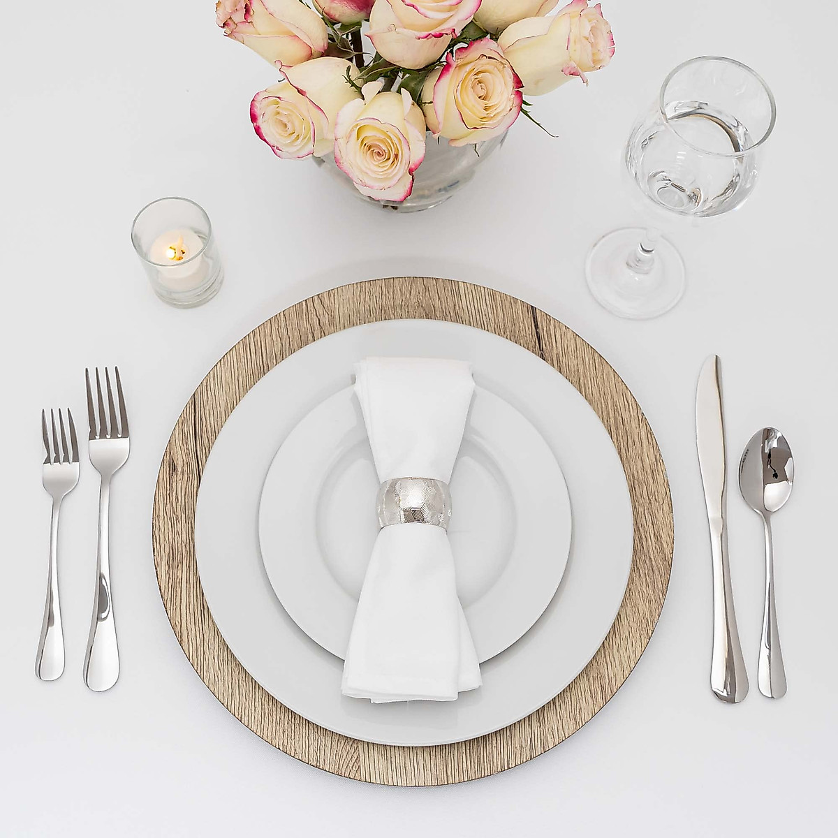 Simply Elegant Faux Wood Plastic Charger Plate | Service Plate for Parties, Dinner, Weddings, Quinceaneras and Events | 13 inch Diameter | Natural Finish | Set of 6