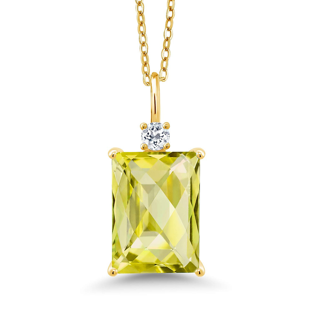 Gem Stone King 18K Yellow Gold Plated Silver Octagon Checkerboard Yellow Lemon Quartz and White Topaz Pendant Necklace For Women (6.99 Cttw, with 18 Inch Chain)